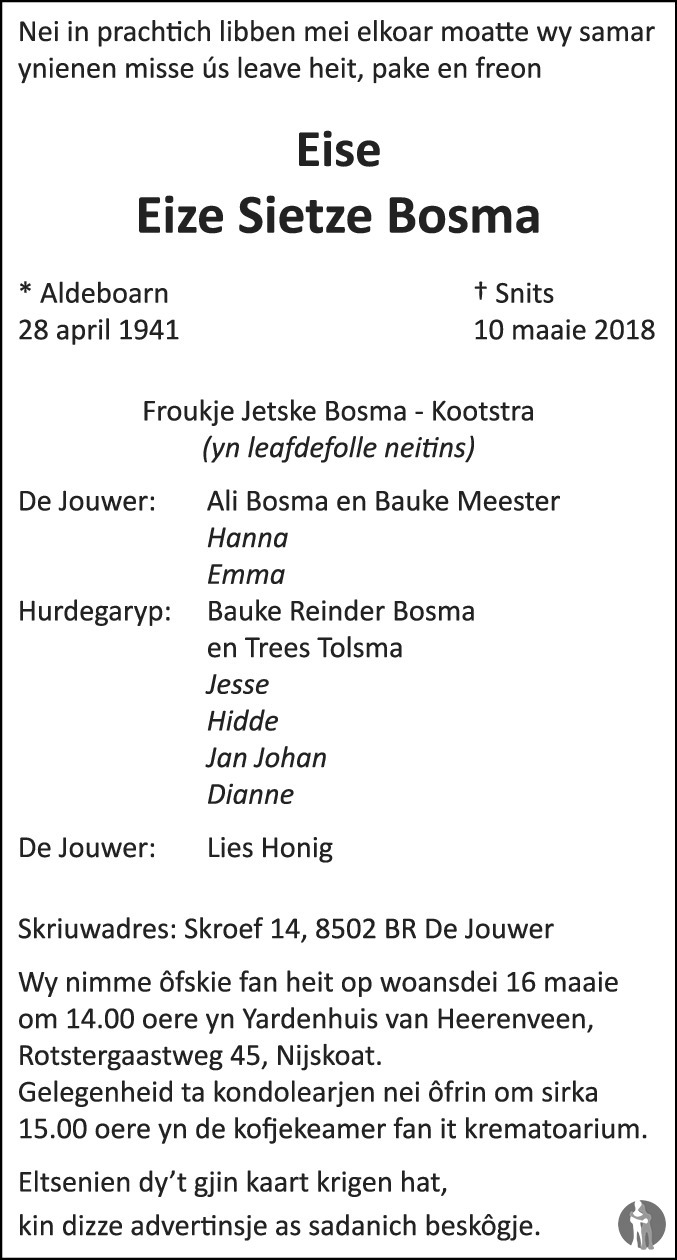 Eize Sietze (Eise) Bosma 10-05-2018 overlijdensbericht en condoleances ...