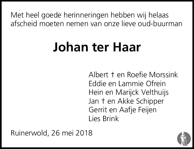 Johan Frederik ter Haar 26-05-2018 overlijdensbericht en condoleances ...