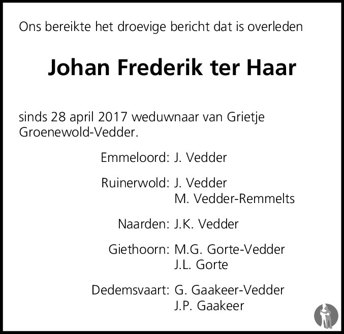 Johan Frederik ter Haar 26-05-2018 overlijdensbericht en condoleances ...
