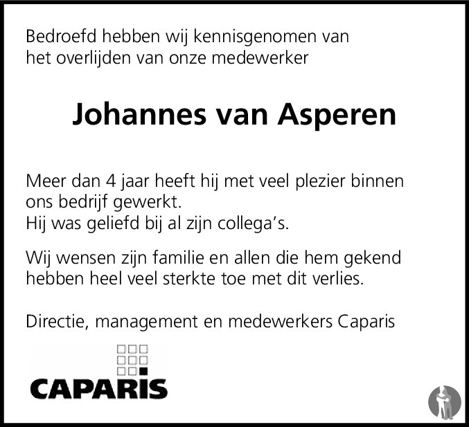 Johannes (Johan) van Asperen 30-05-2018 overlijdensbericht en condoleances - Mensenlinq.nl