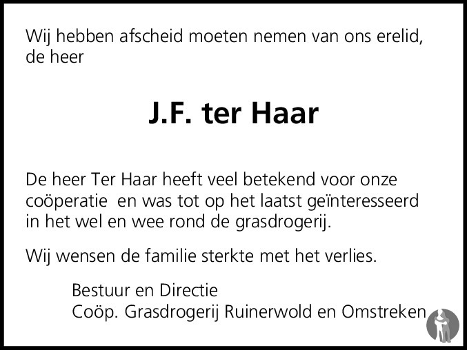 Johan Frederik ter Haar 26-05-2018 overlijdensbericht en condoleances ...