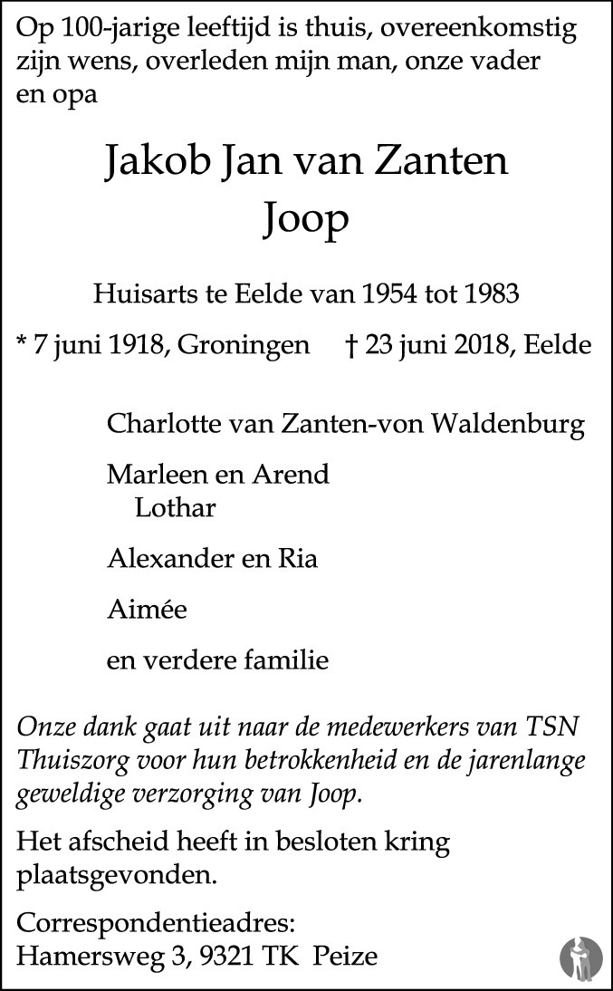 Jakob Jan (Joop) van Zanten 23-06-2018 overlijdensbericht en ...