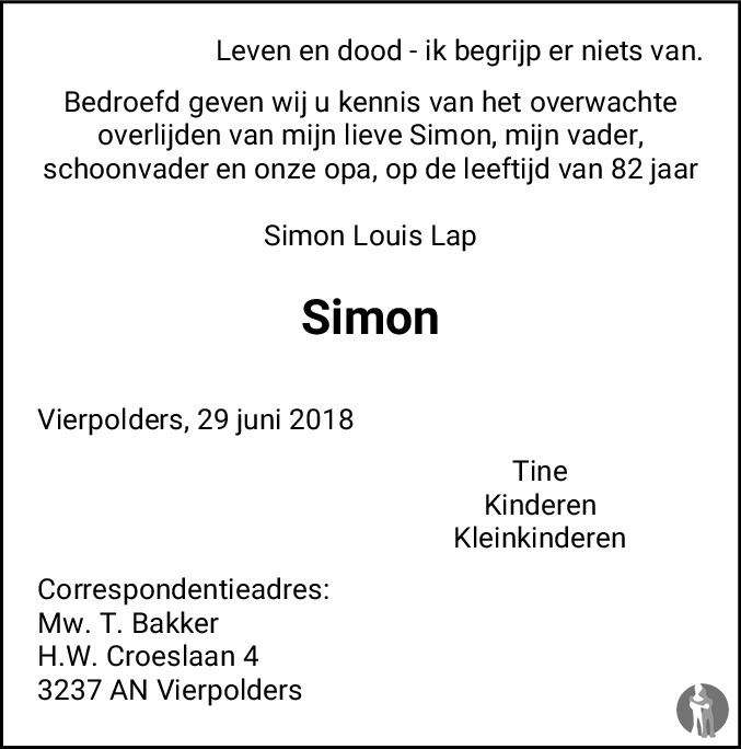 Simon Louis (Simon) Lap 29-06-2018 overlijdensbericht en condoleances ...