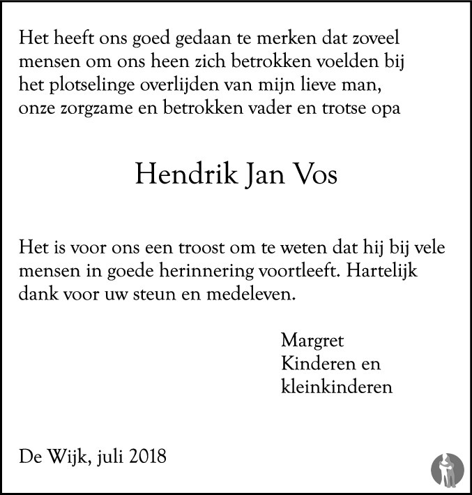 Hendrik Jan Vos 17-04-2018 overlijdensbericht en condoleances ...