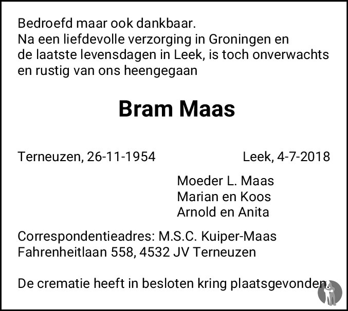 Bram Maas 04-07-2018 overlijdensbericht en condoleances - Mensenlinq.nl