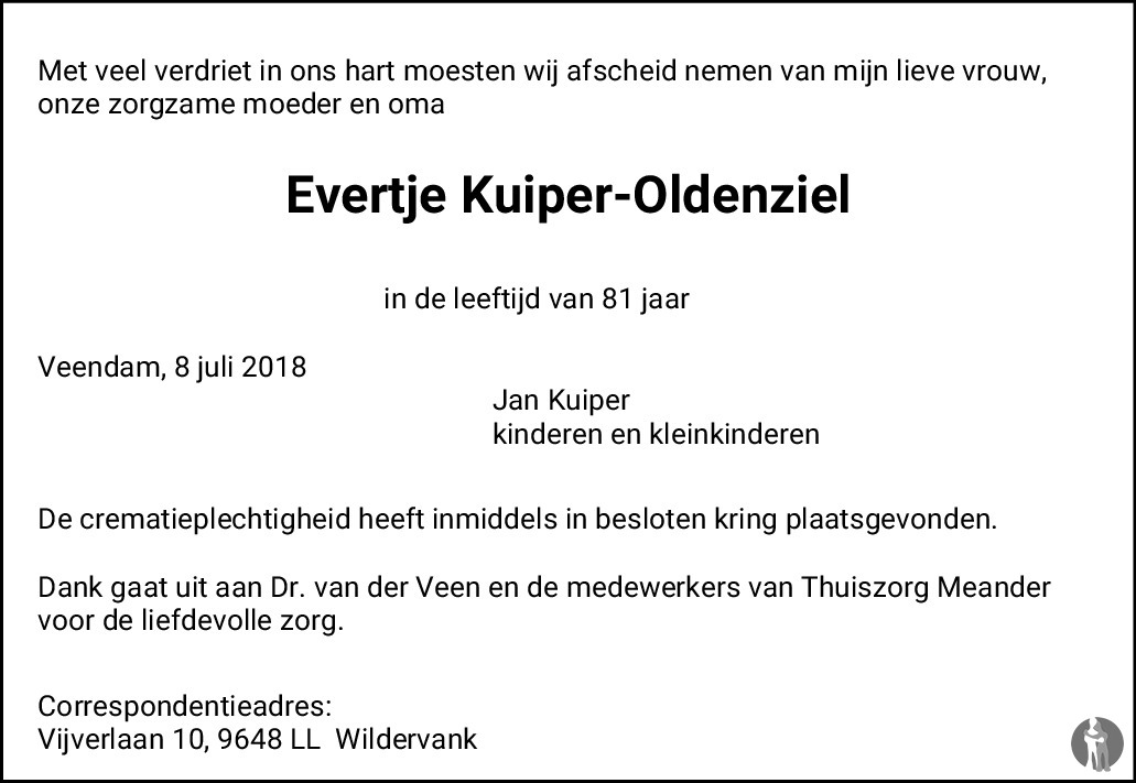 Evertje Kuiper - Oldenziel 08-07-2018 overlijdensbericht en ...