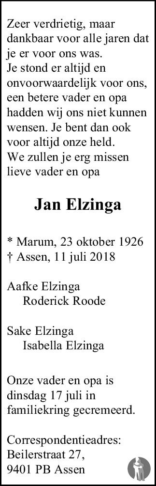 Jan Elzinga 11-07-2018 overlijdensbericht en condoleances - Mensenlinq.nl