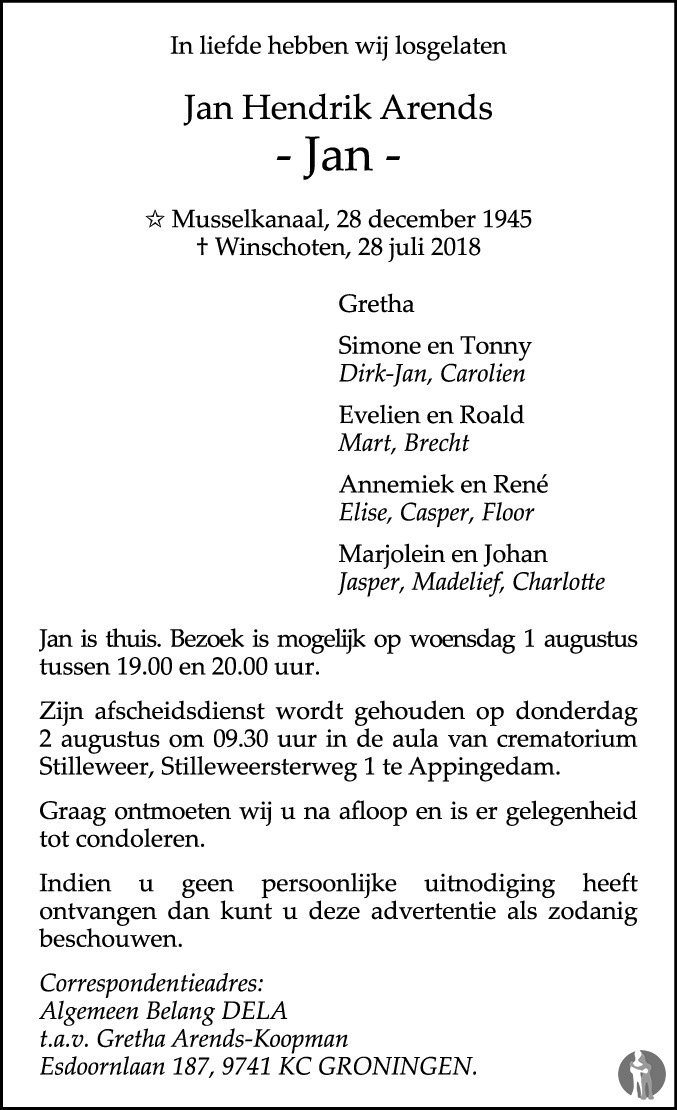Jan Hendrik (Jan) Arends 28-07-2018 overlijdensbericht en condoleances ...