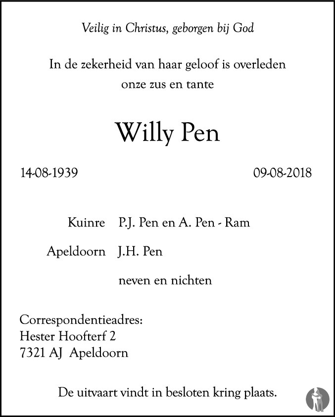 Willy Pen 09-08-2018 overlijdensbericht en condoleances - Mensenlinq.nl