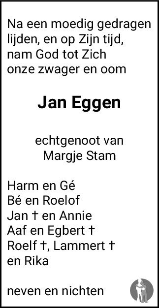 Jan Eggen 23-08-2018 overlijdensbericht en condoleances - Mensenlinq.nl