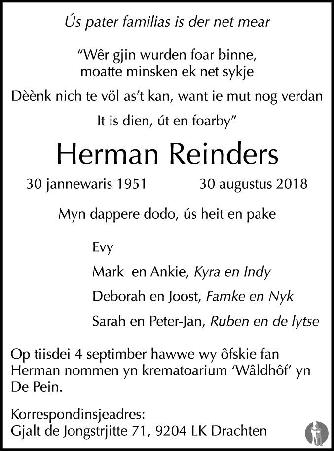 Herman Reinders 30-08-2018 overlijdensbericht en condoleances ...