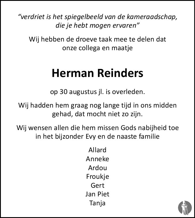 Herman Reinders 30-08-2018 overlijdensbericht en condoleances ...