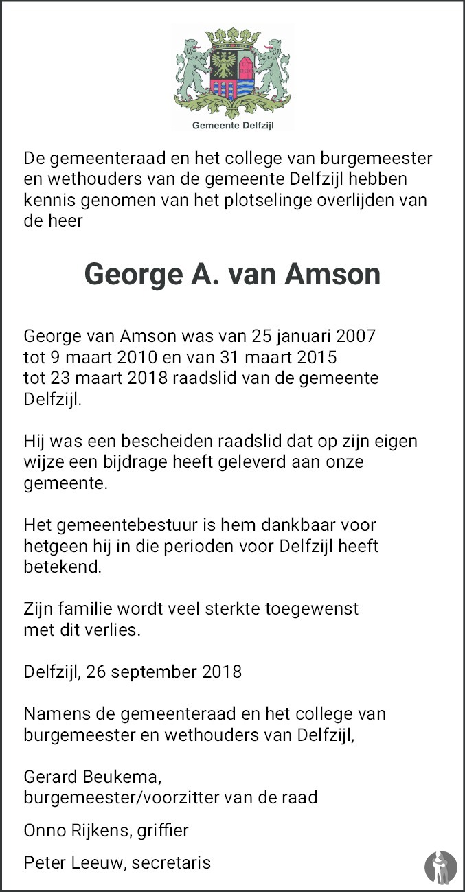 George A. van Amson 23-09-2018 overlijdensbericht en condoleances ...