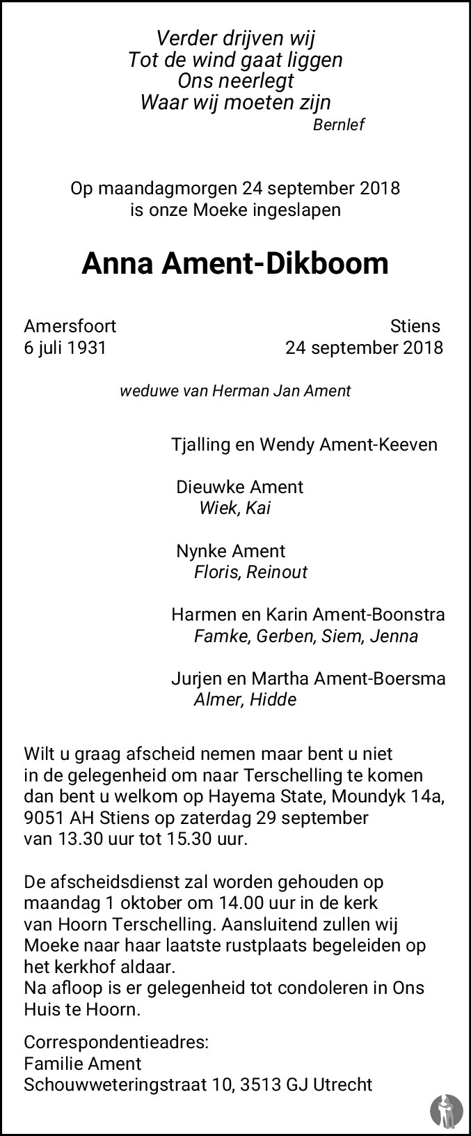 Anna Ament - Dikboom 24-09-2018 overlijdensbericht en condoleances ...