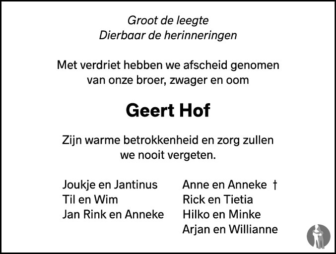 Geert Hof 24-10-2018 overlijdensbericht en condoleances - Mensenlinq.nl