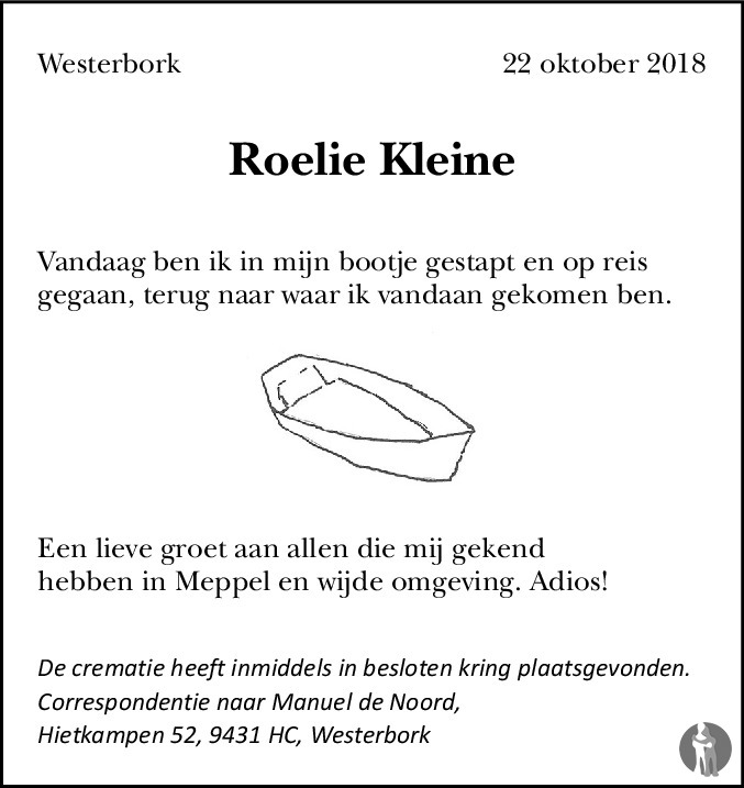 Roelie Kleine 22-10-2018 overlijdensbericht en condoleances - Mensenlinq.nl
