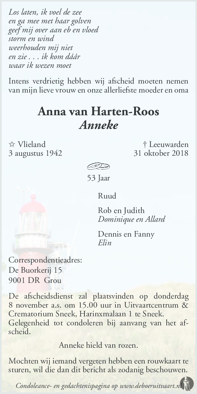 Anna (Anneke) van Harten - Roos 31-10-2018 overlijdensbericht en ...