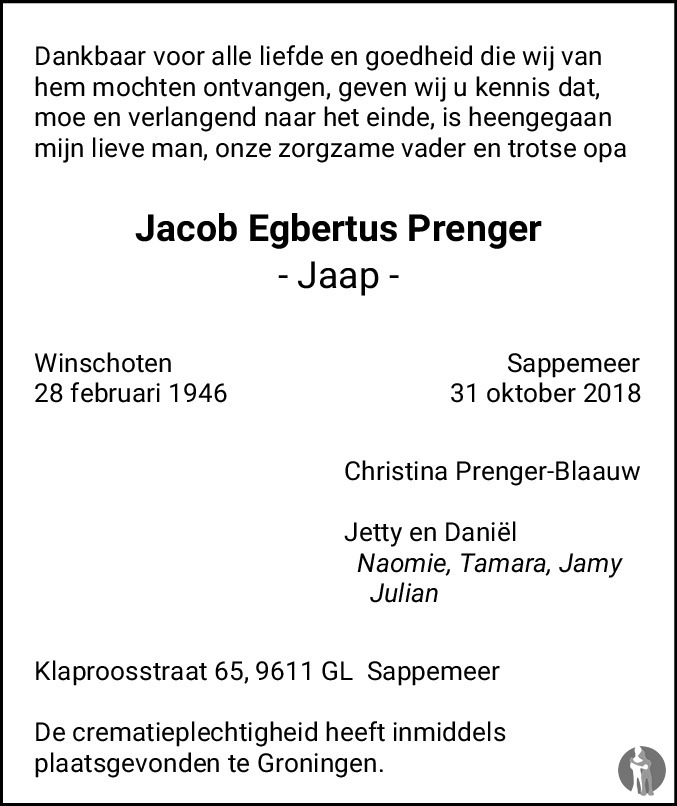 Jacob Egbertus (Jaap) Prenger 31-10-2018 overlijdensbericht en ...