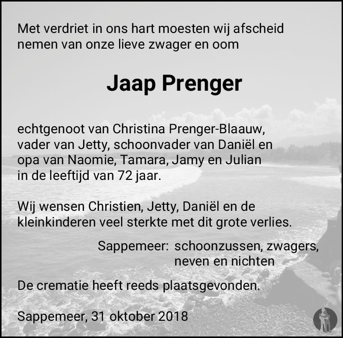 Jacob Egbertus (Jaap) Prenger 31-10-2018 overlijdensbericht en ...