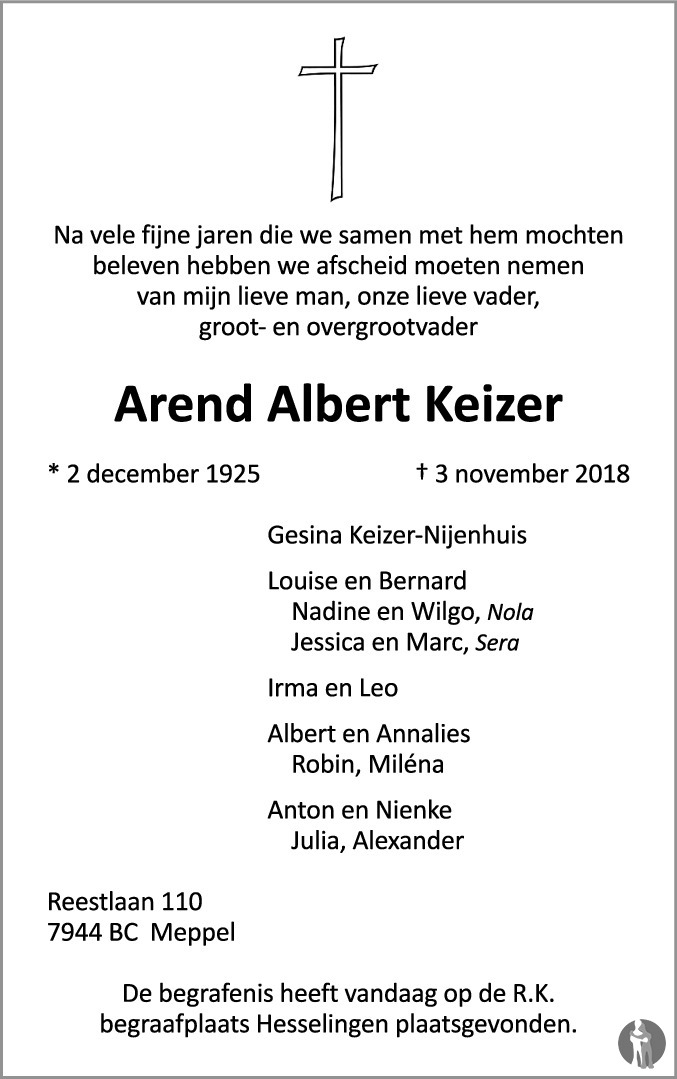 Arend Albert Keizer 03-11-2018 overlijdensbericht en condoleances ...