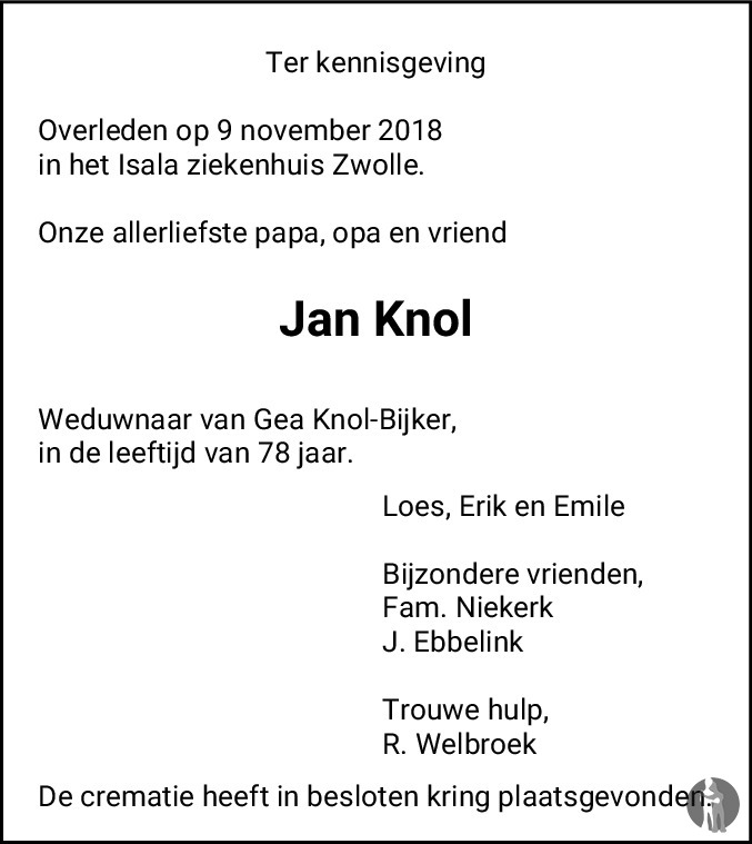 Jan Knol 09-11-2018 overlijdensbericht en condoleances - Mensenlinq.nl