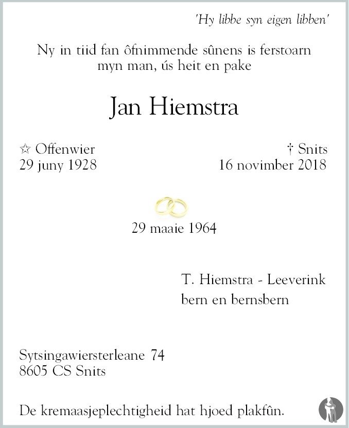 Jan Hiemstra 16-11-2018 overlijdensbericht en condoleances - Mensenlinq.nl
