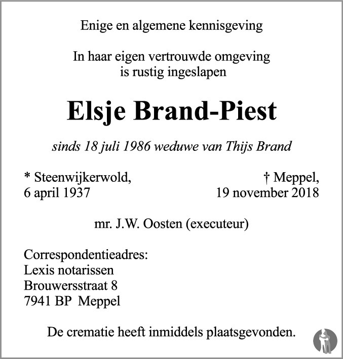 Elsje Brand - Piest 19-11-2018 overlijdensbericht en condoleances ...