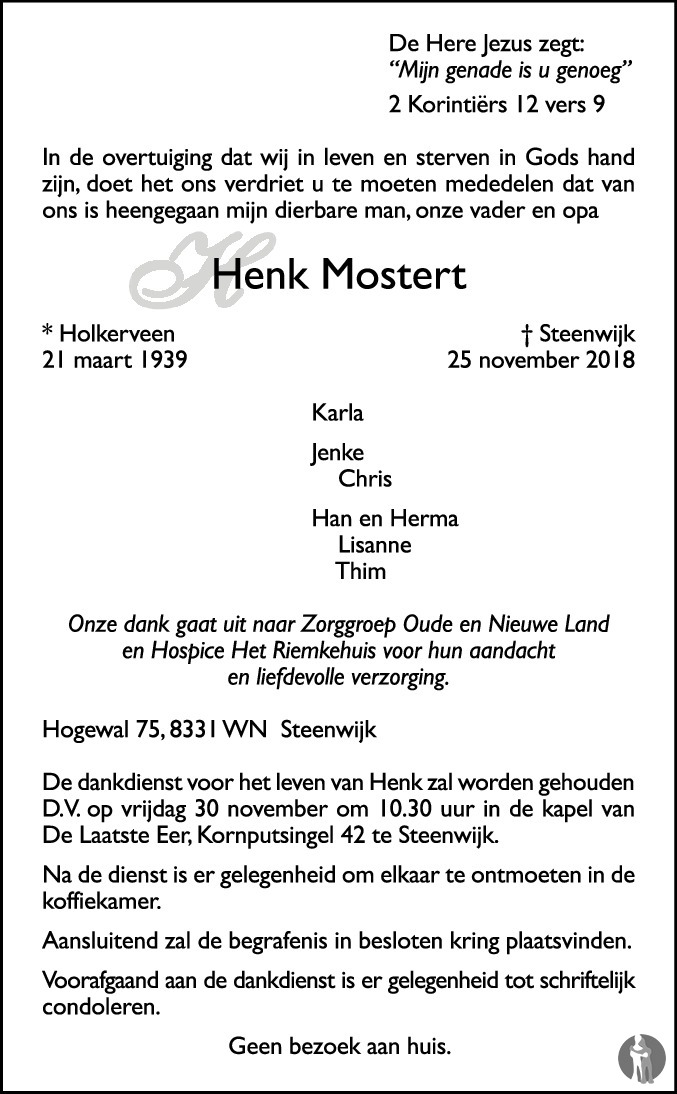Henk Mostert 25-11-2018 overlijdensbericht en condoleances - Mensenlinq.nl