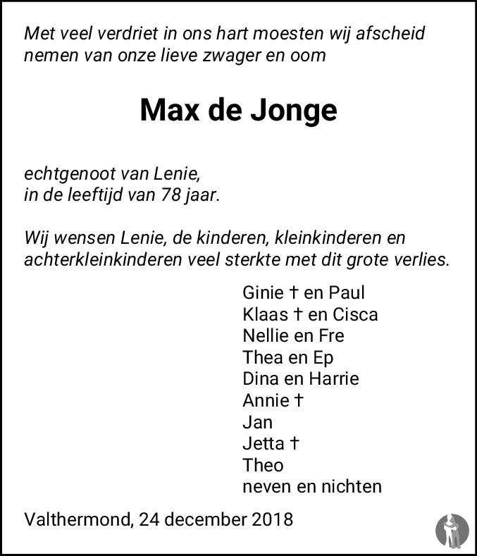 Marten (Max) de Jonge 24-12-2018 overlijdensbericht en condoleances ...