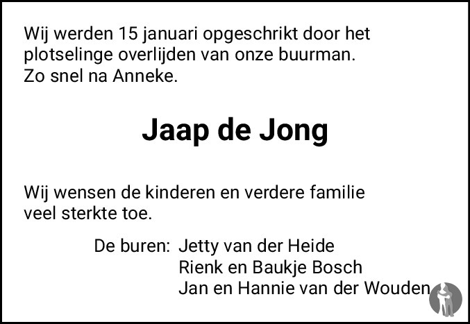 Jaap de Jong 15-01-2019 overlijdensbericht en condoleances - Mensenlinq.nl