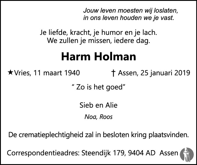 Harm Holman 25-01-2019 overlijdensbericht en condoleances - Mensenlinq.nl