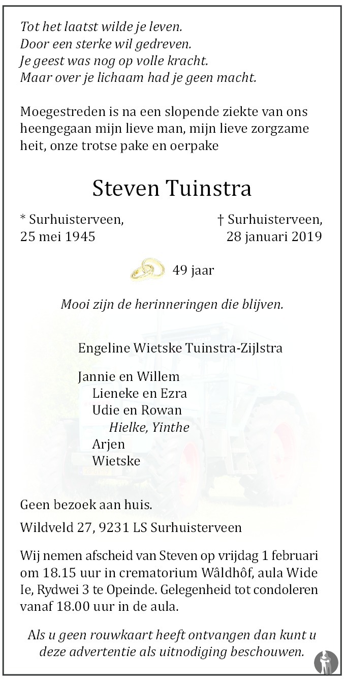 Steven Tuinstra 28-01-2019 overlijdensbericht en condoleances ...