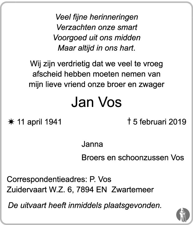 Jan Vos 05-02-2019 overlijdensbericht en condoleances - Mensenlinq.nl