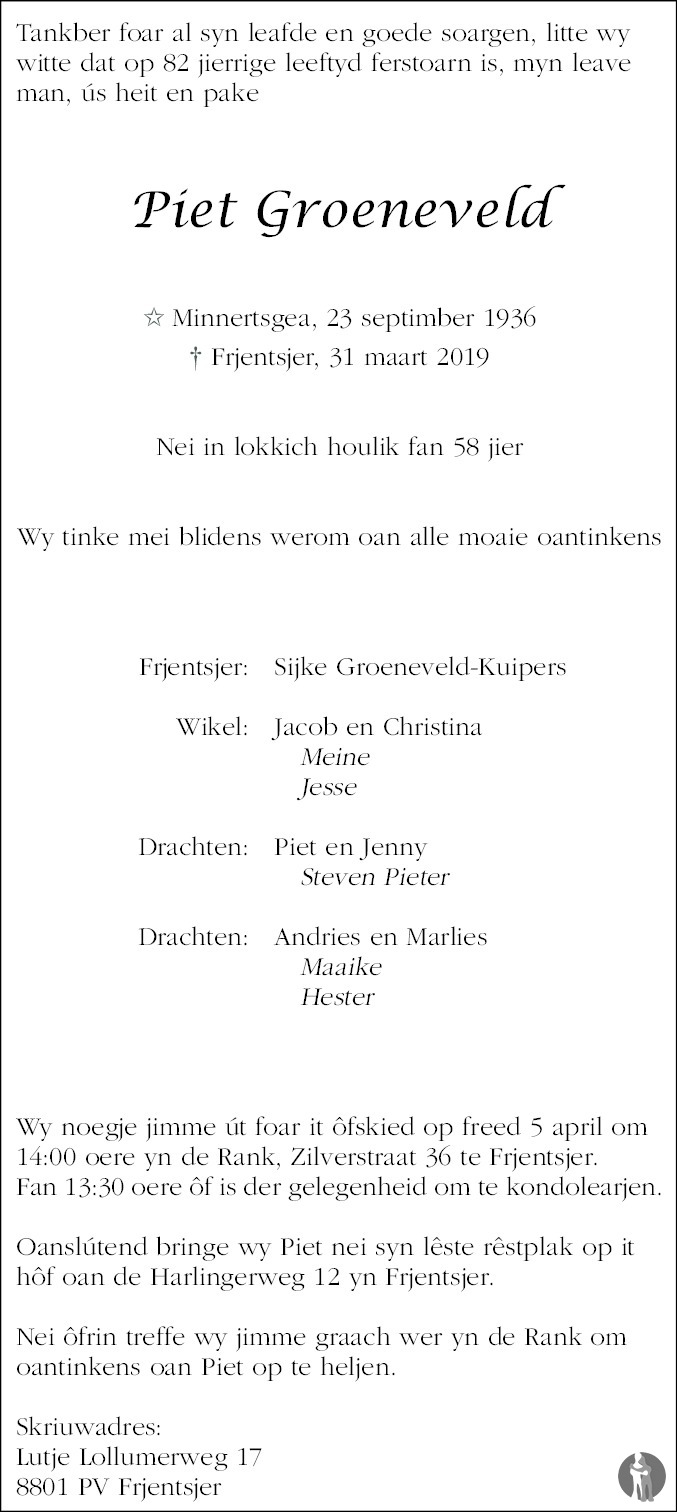 Piet Groeneveld 31-03-2019 overlijdensbericht en condoleances ...
