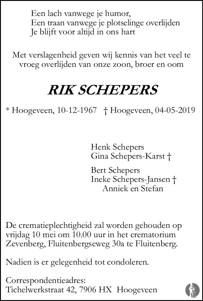 Rik Schepers 04-05-2019 overlijdensbericht en condoleances - Mensenlinq.nl
