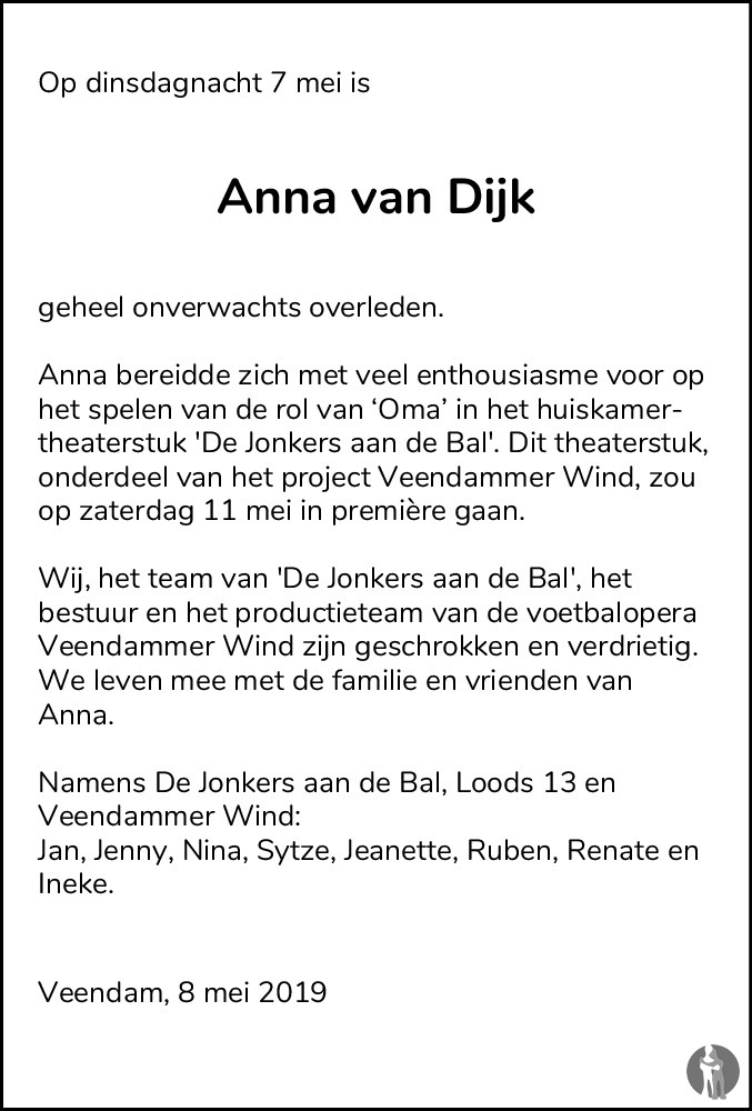 Anna van Dijk 07-05-2019 overlijdensbericht en condoleances - Mensenlinq.nl
