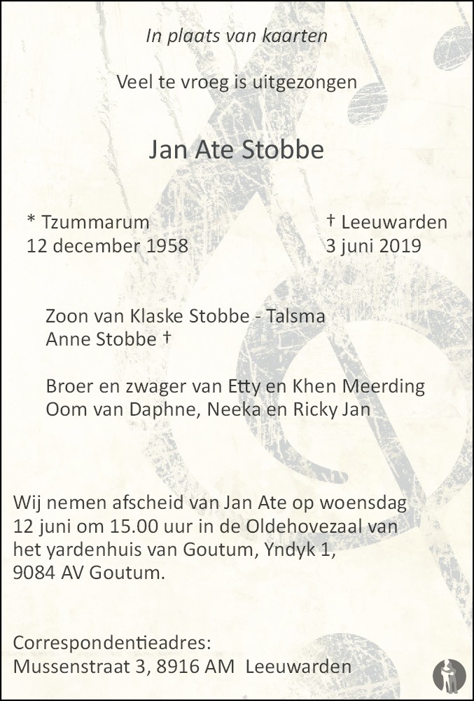 Jan Ate Stobbe 03-06-2019 overlijdensbericht en condoleances ...
