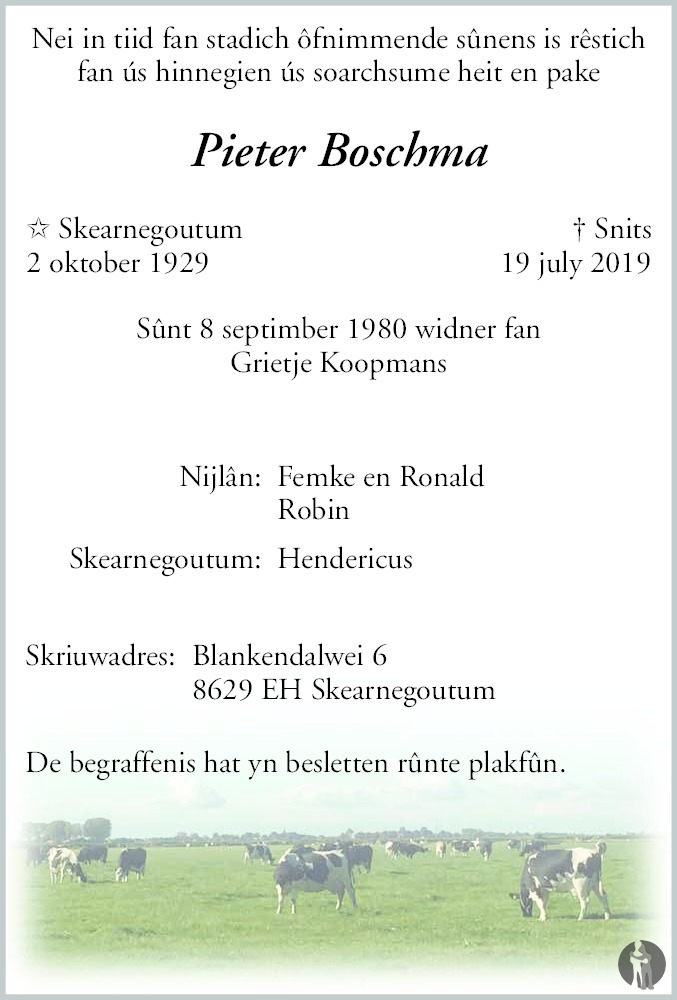 Pieter Boschma 19-07-2019 overlijdensbericht en condoleances ...