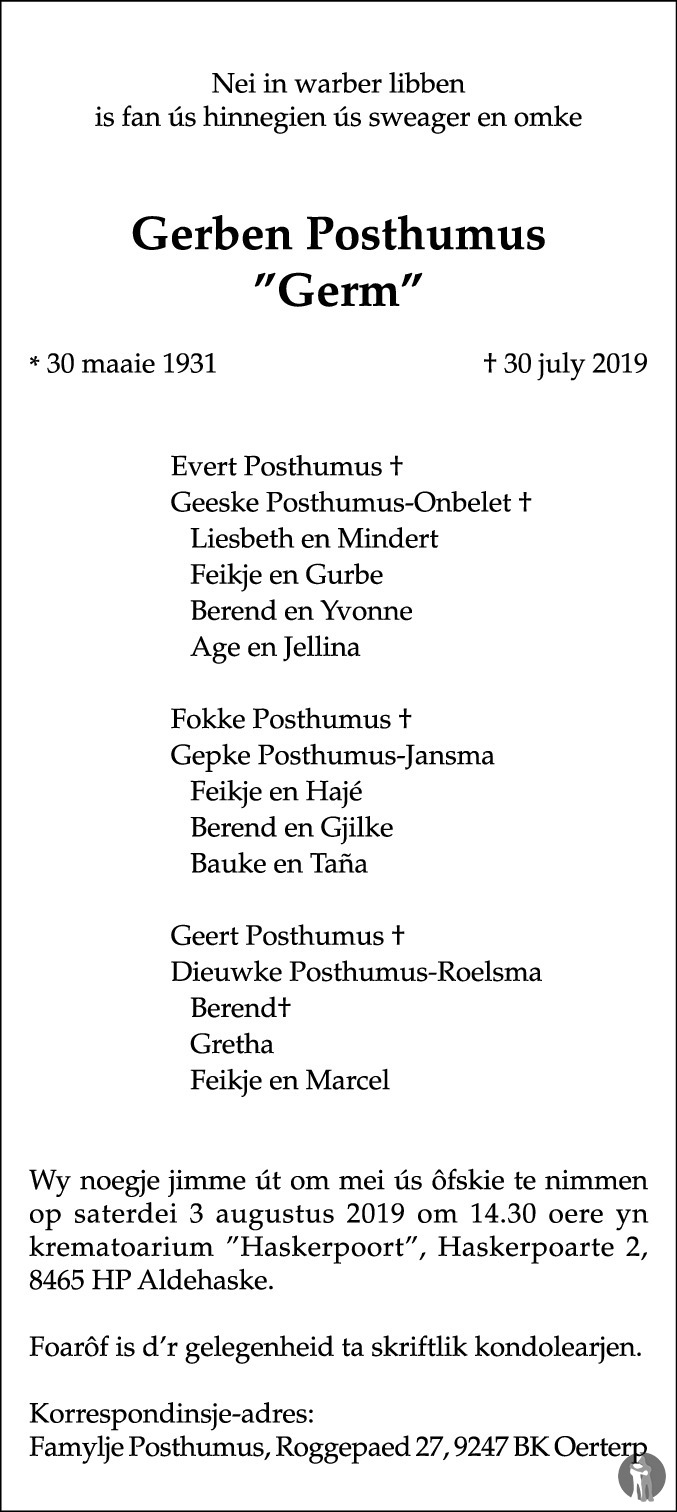 Gerben (Germ) Posthumus 30-07-2019 overlijdensbericht en condoleances ...