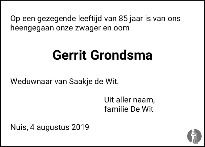 Gerrit Grondsma 04-08-2019 overlijdensbericht en condoleances ...