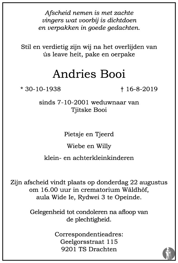 Andries Booi 16-08-2019 overlijdensbericht en condoleances - Mensenlinq.nl