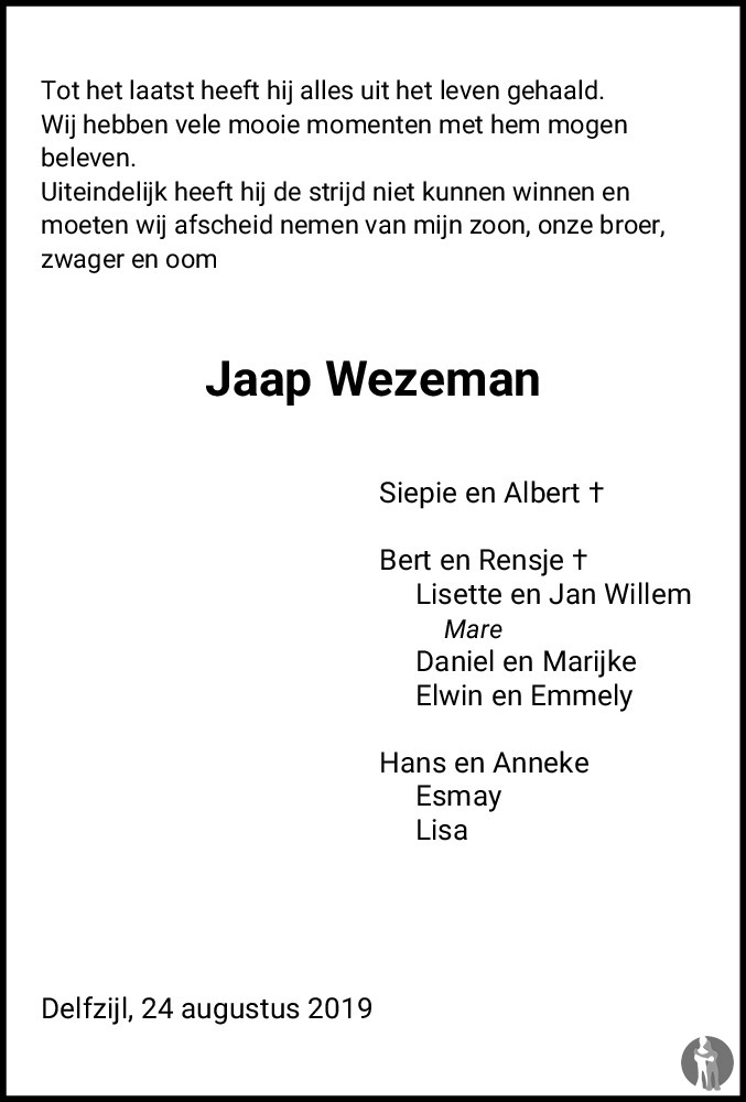 Jaap Wezeman 24-08-2019 overlijdensbericht en condoleances - Mensenlinq.nl