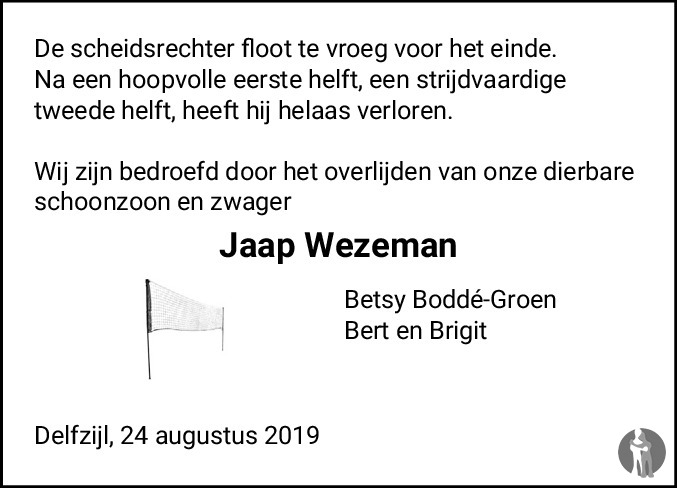 Jaap Wezeman 24-08-2019 overlijdensbericht en condoleances - Mensenlinq.nl