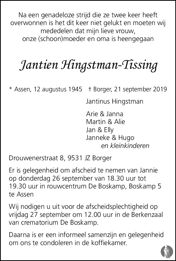 Jantien Hingstman - Tissing 21-09-2019 overlijdensbericht en ...