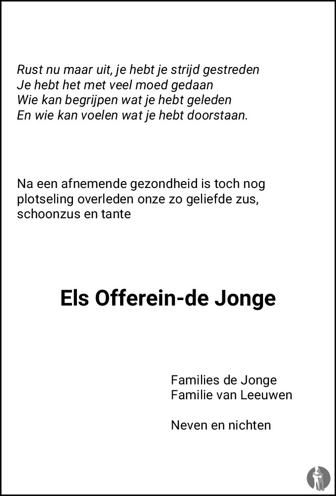 Els Offerein - de Jonge 02-10-2019 overlijdensbericht en condoleances ...