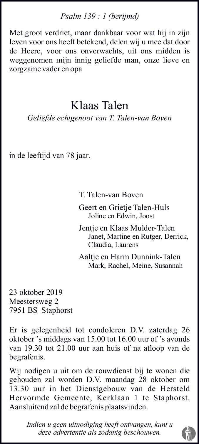 Klaas Talen 23-10-2019 overlijdensbericht en condoleances - Mensenlinq.nl
