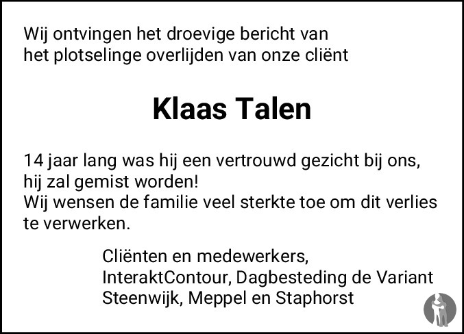 Klaas Talen 23-10-2019 overlijdensbericht en condoleances - Mensenlinq.nl