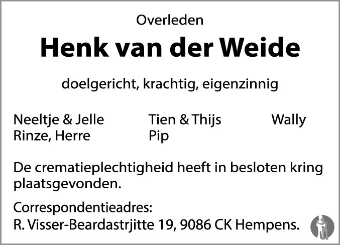 Henk van der Weide 10-11-2019 overlijdensbericht en condoleances ...