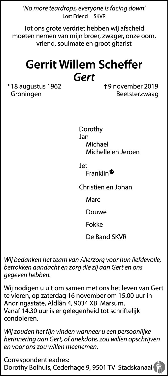 Gerrit Willem (Gert) Scheffer 09-11-2019 overlijdensbericht en ...