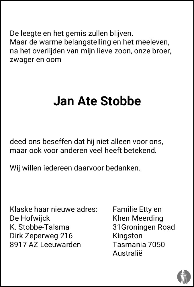 Jan Ate Stobbe 03-06-2019 overlijdensbericht en condoleances ...